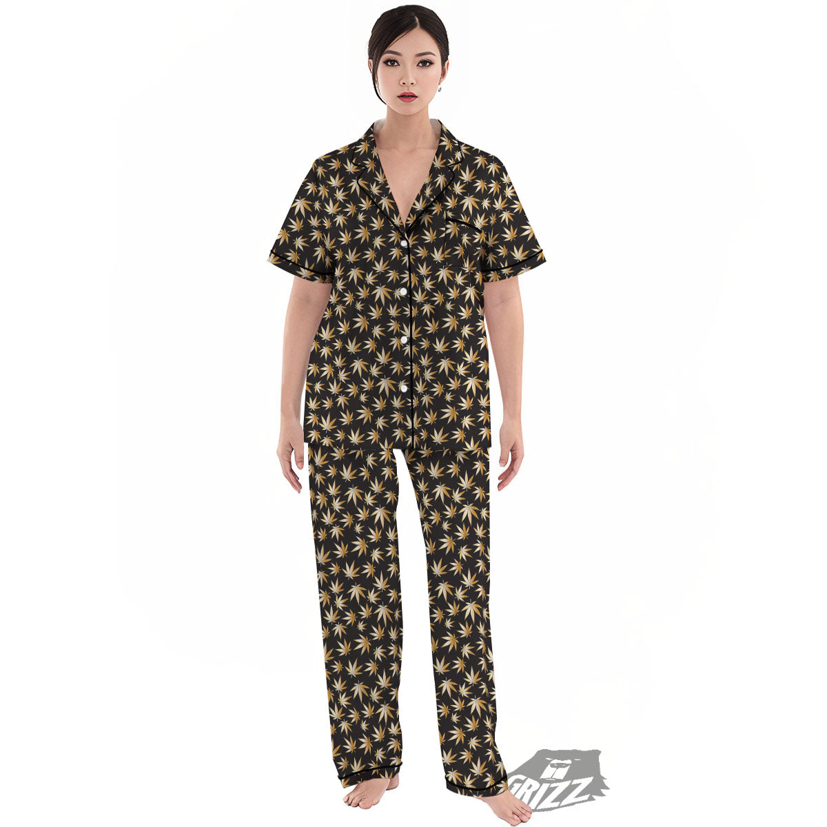 Cannabis Leaf Gold Print Pattern Women's Pajamas Set