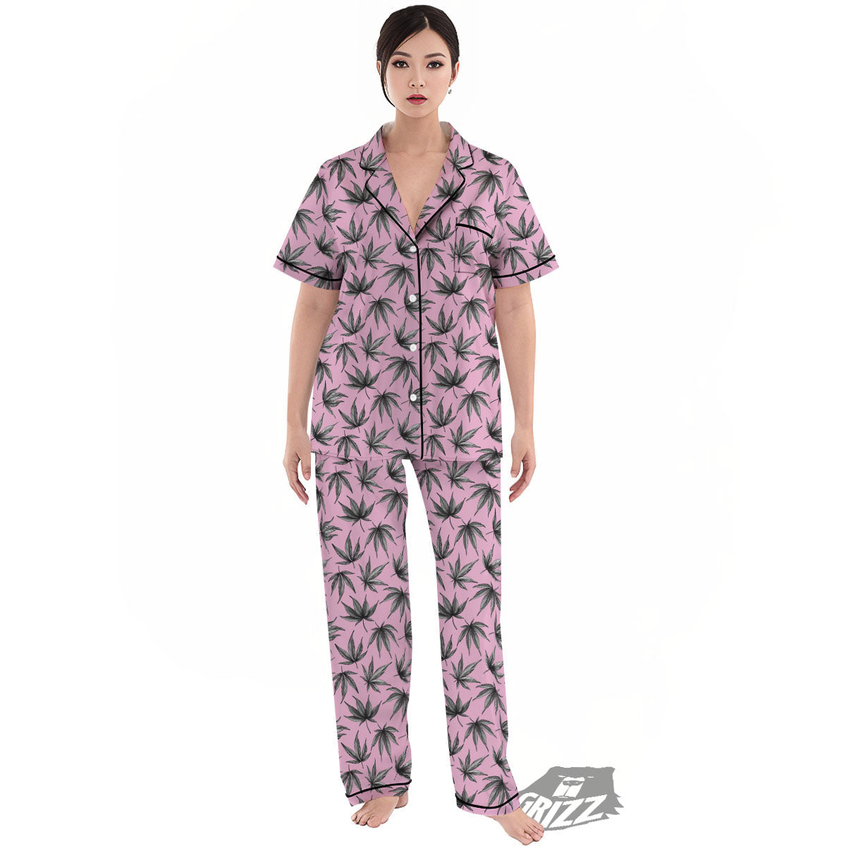 Cannabis Leaf Pink And Green Print Women's Pajamas Set