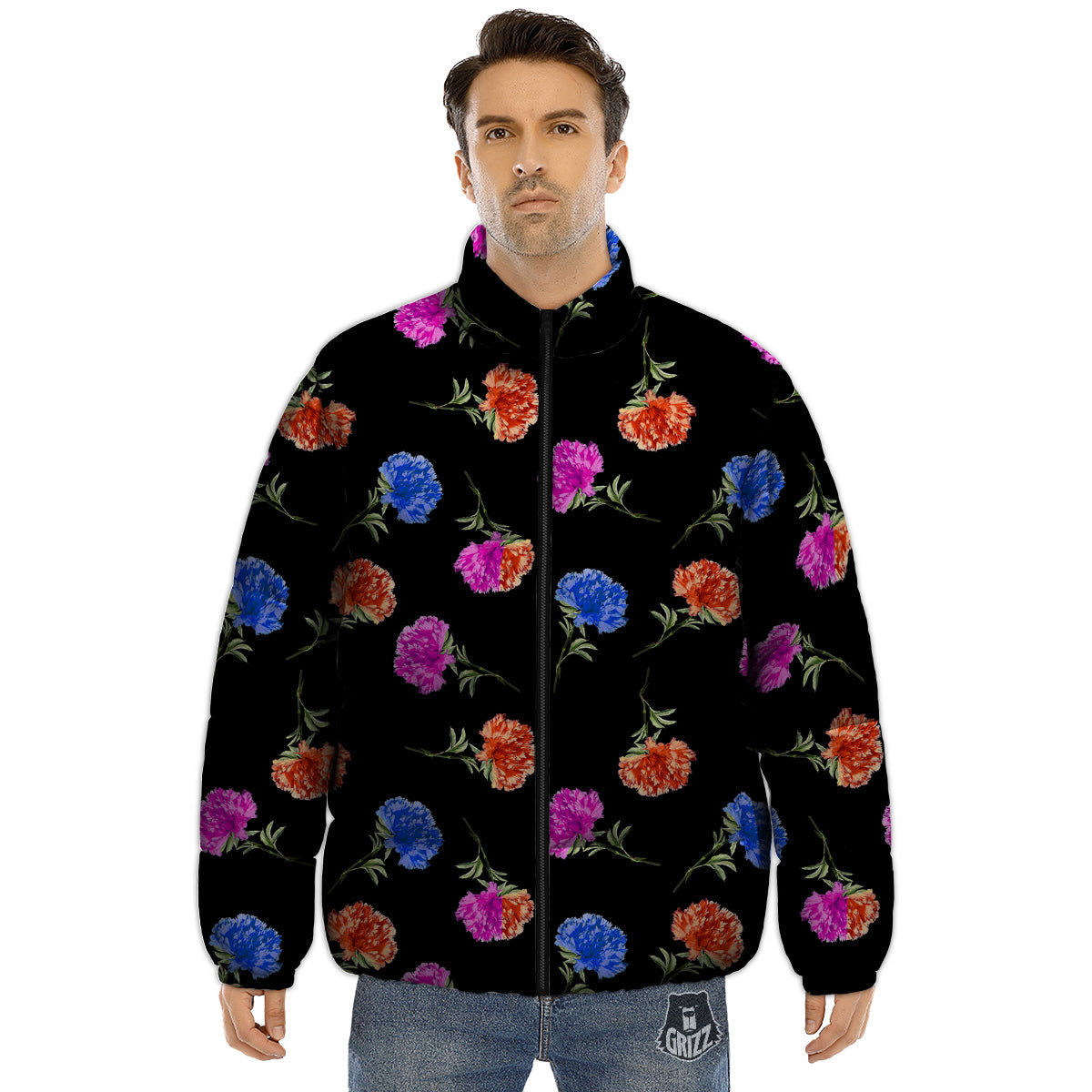 Carnation Watercolor Print Pattern Puffer Jacket