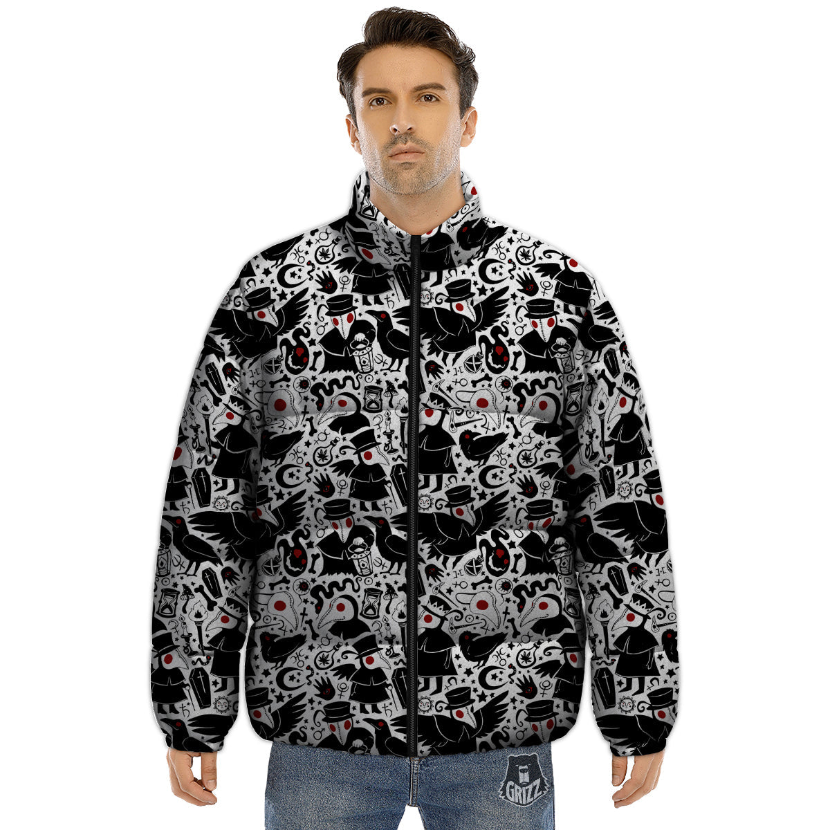 Cartoon Plague Doctors And Crows Red Eyes Print Pattern Puffer Jacket