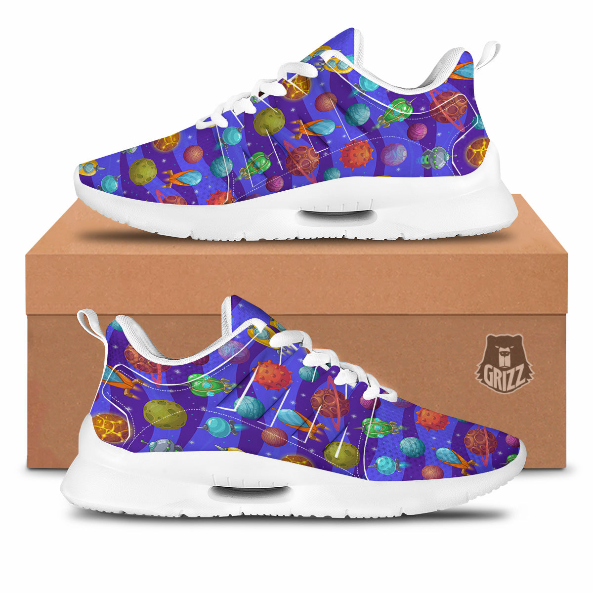 Cartoon Space Ships And Planets Print Pattern Tennis Shoes