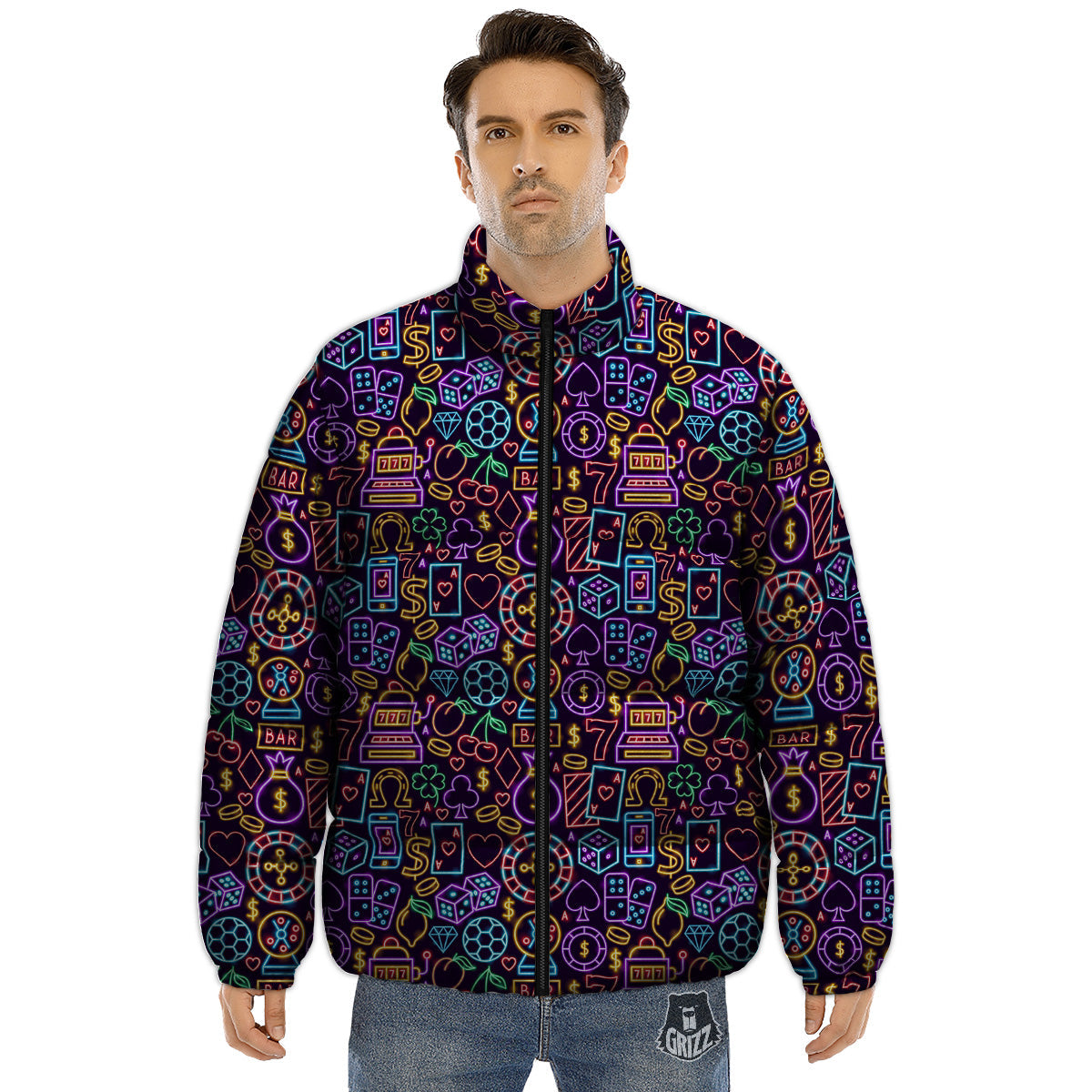 Casino Neon Night Sign Print Pattern Puffer Jacket