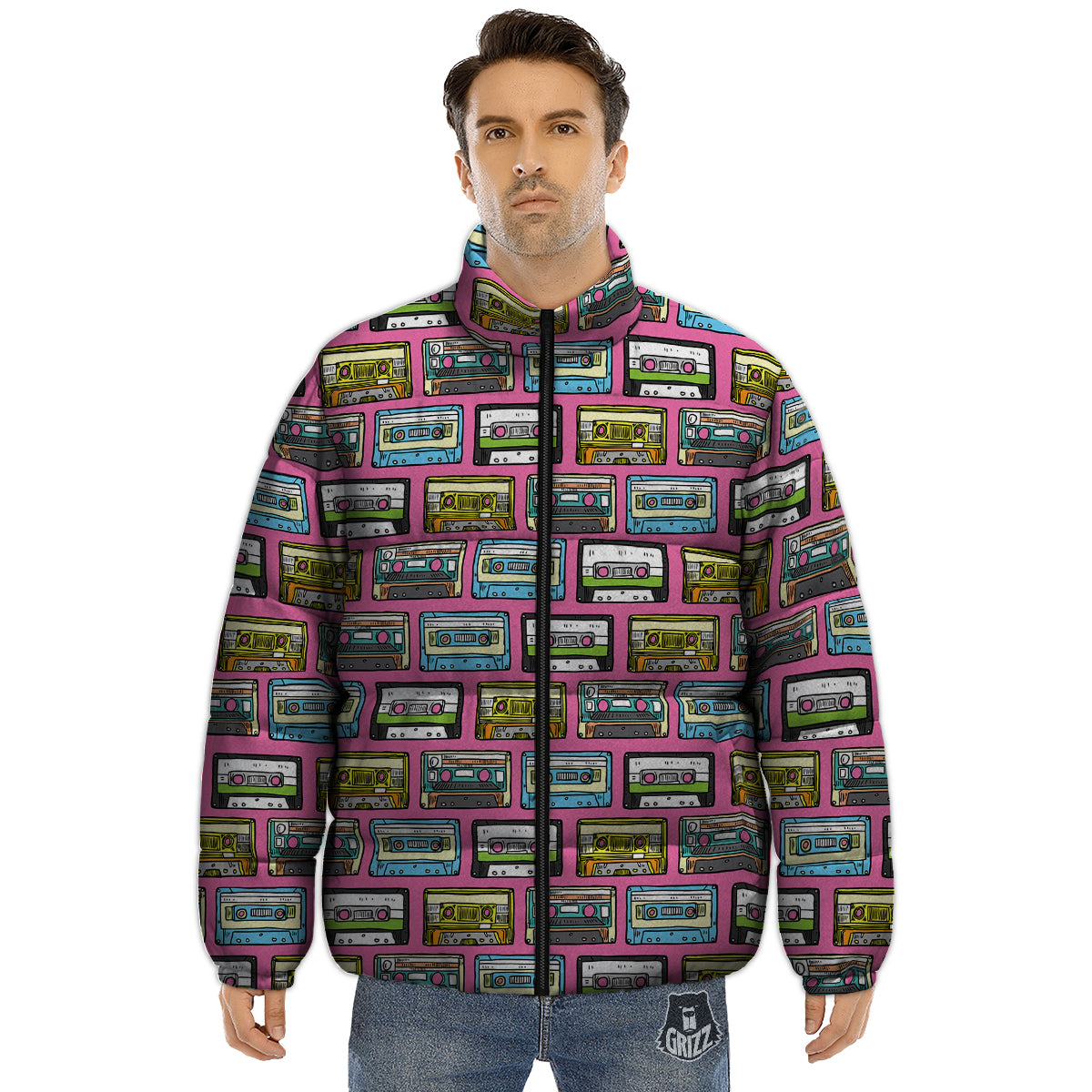 Cassette Drawing Print Pattern Puffer Jacket