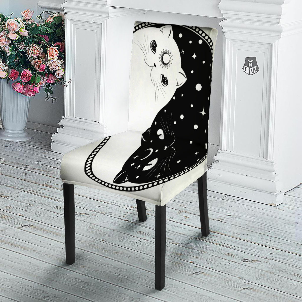 Cat Yin Yang White And Black Print Dining Chair Slipcover
