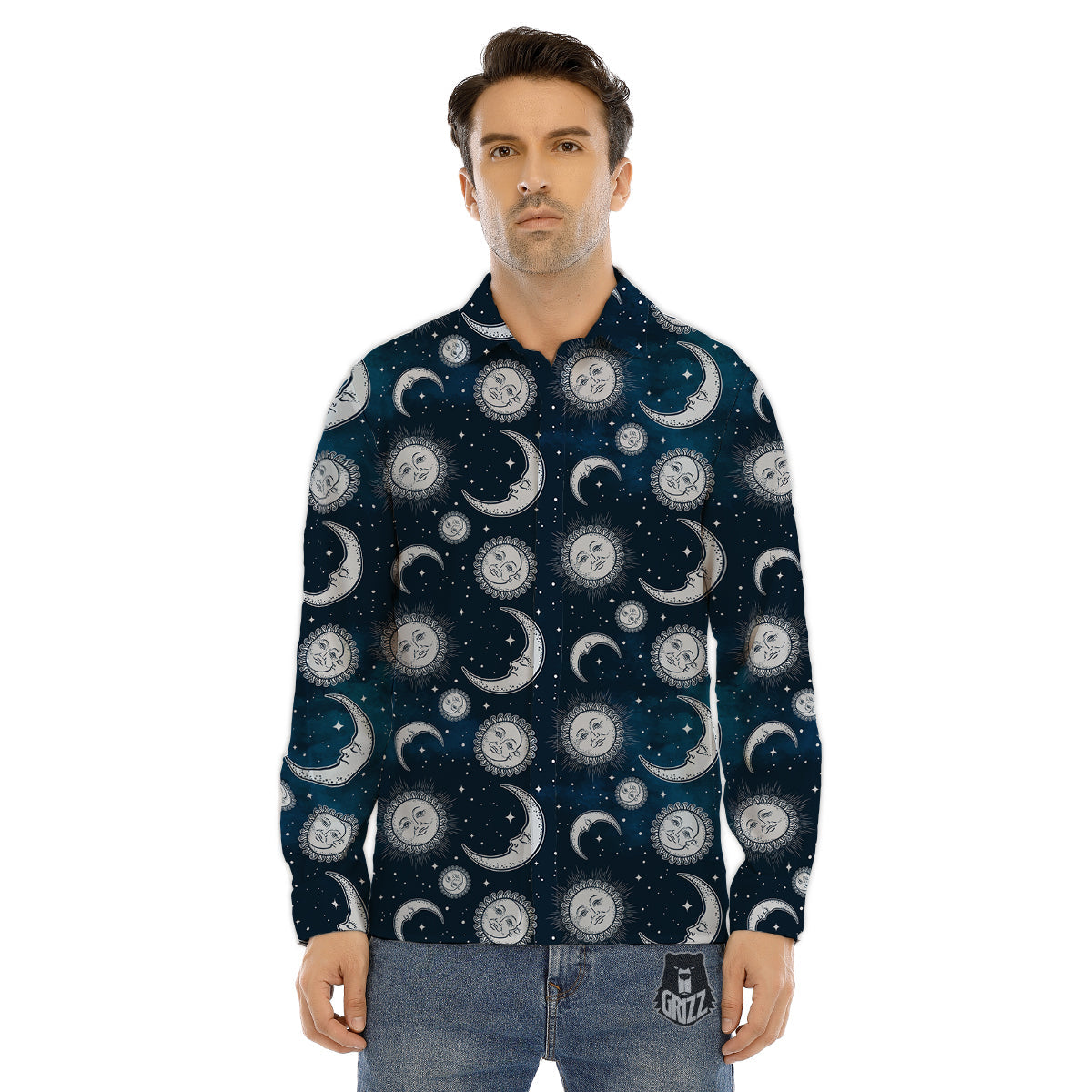 Celestial Blue And White Print Pattern Men's Dress Shirts
