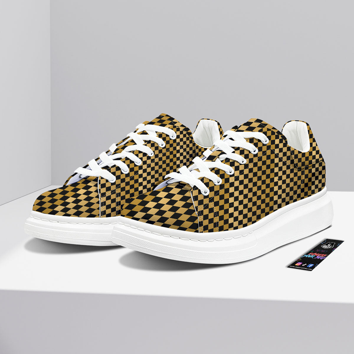 Checkered Black And Gold Print Pattern Platform Shoes