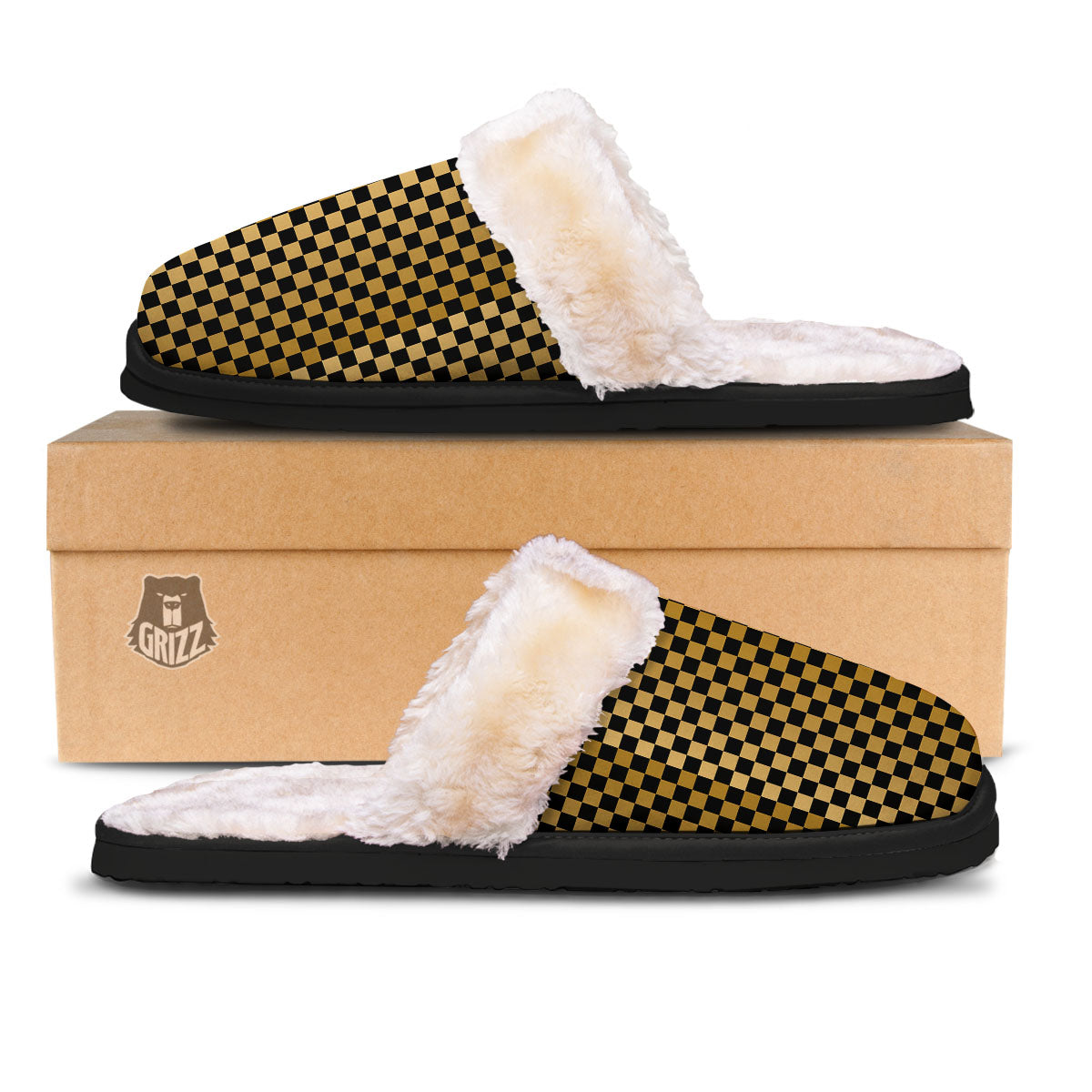 Checkered Black And Gold Print Pattern Slippers