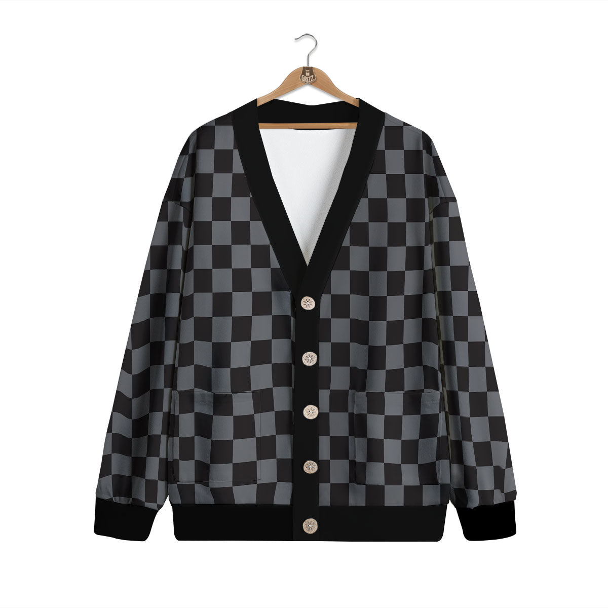Checkered Black And Grey Print Pattern Cardigan