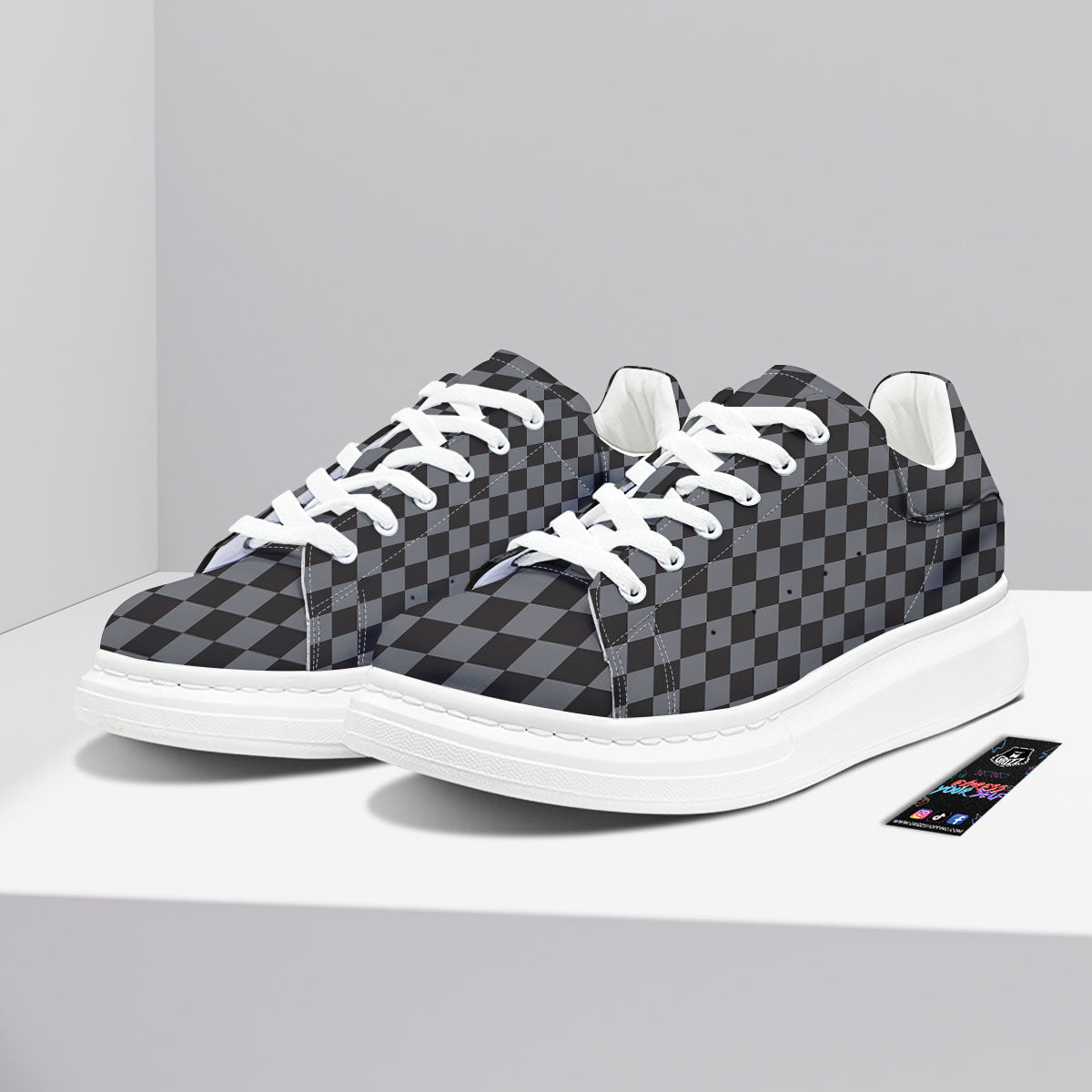 Checkered Black And Grey Print Pattern Platform Shoes
