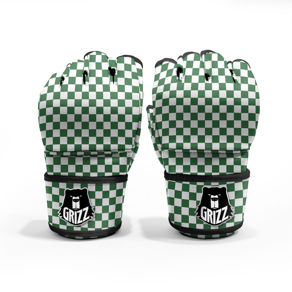 Checkered White And Green Print Pattern MMA Gloves