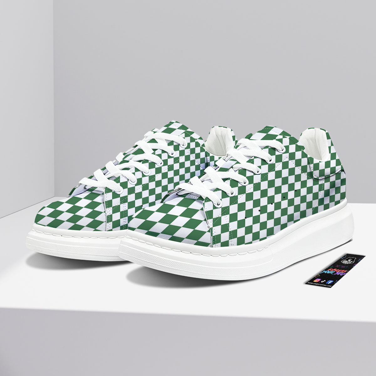 Checkered White And Green Print Pattern Platform Shoes
