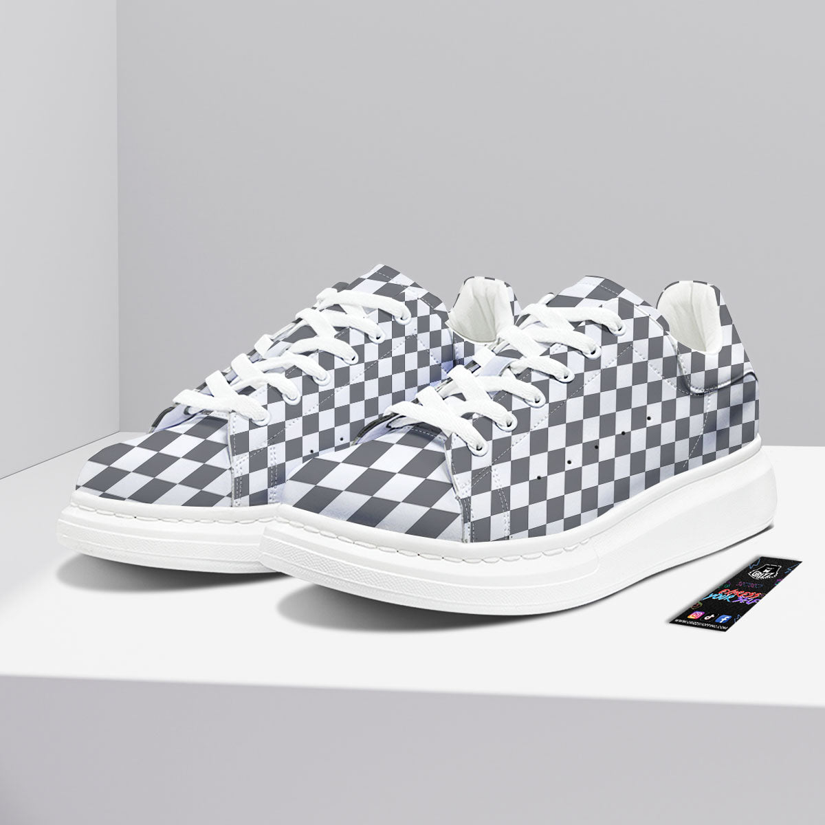 Checkered White And Grey Print Pattern Platform Shoes