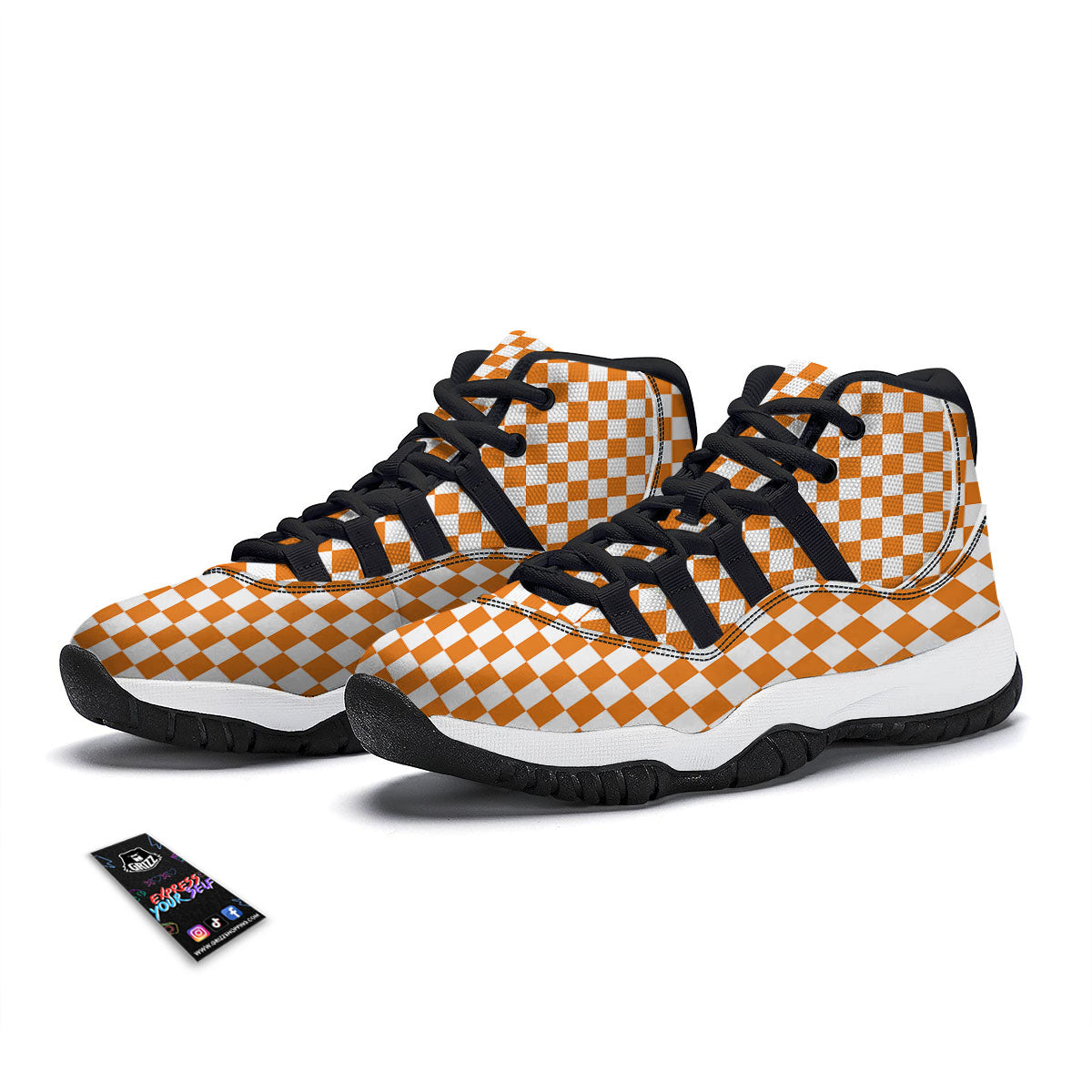 Checkered White And Orange Print Pattern Black Bball Shoes