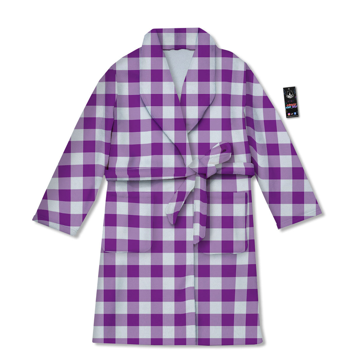 Checkered White And Purple Print Pattern Bathrobe
