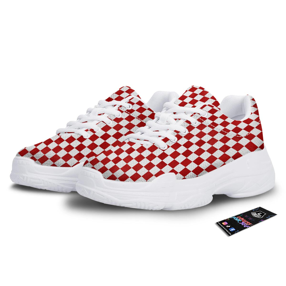 Checkered White And Red Print Pattern White Chunky Shoes