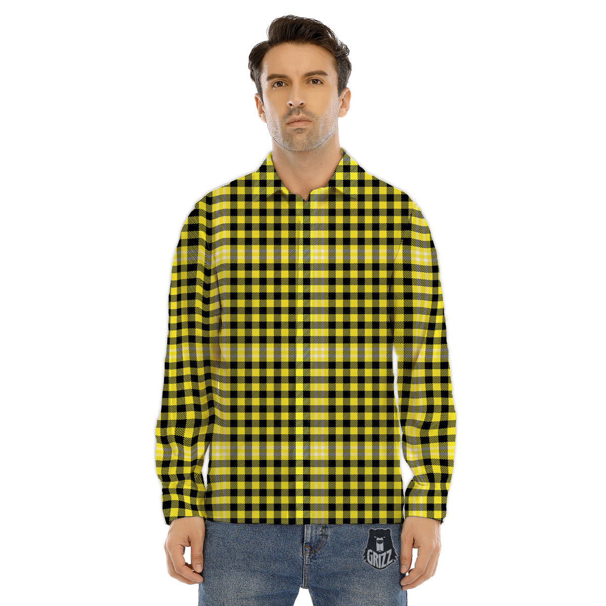 Checkered Yellow And Black Print Pattern Men's Dress Shirts