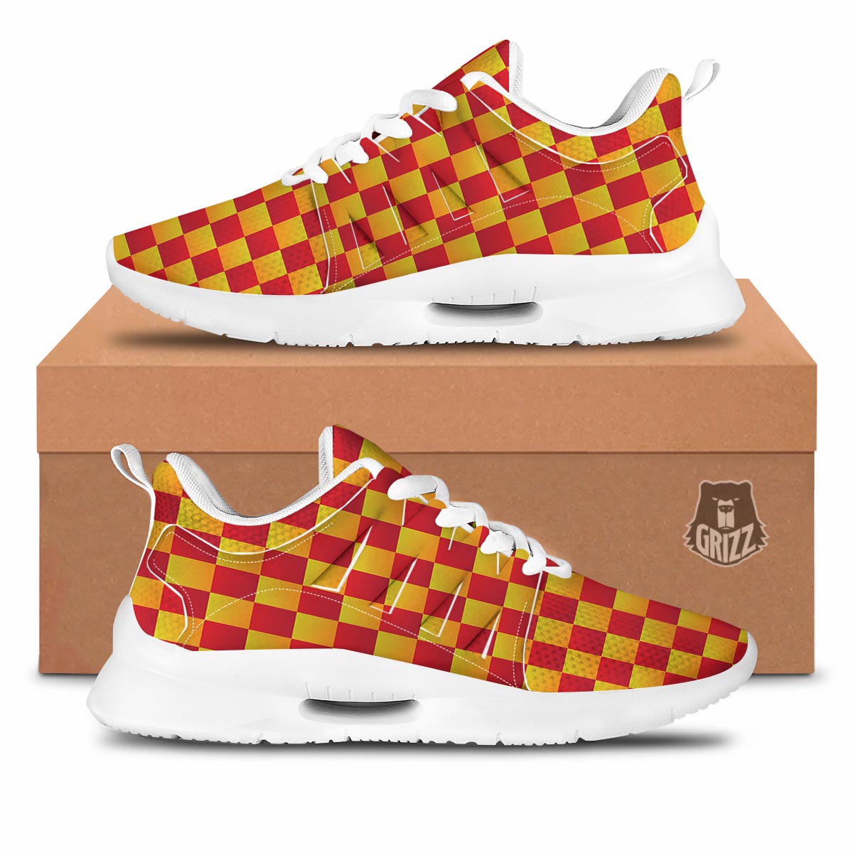 Checkered Yellow And Red Print Pattern Tennis Shoes