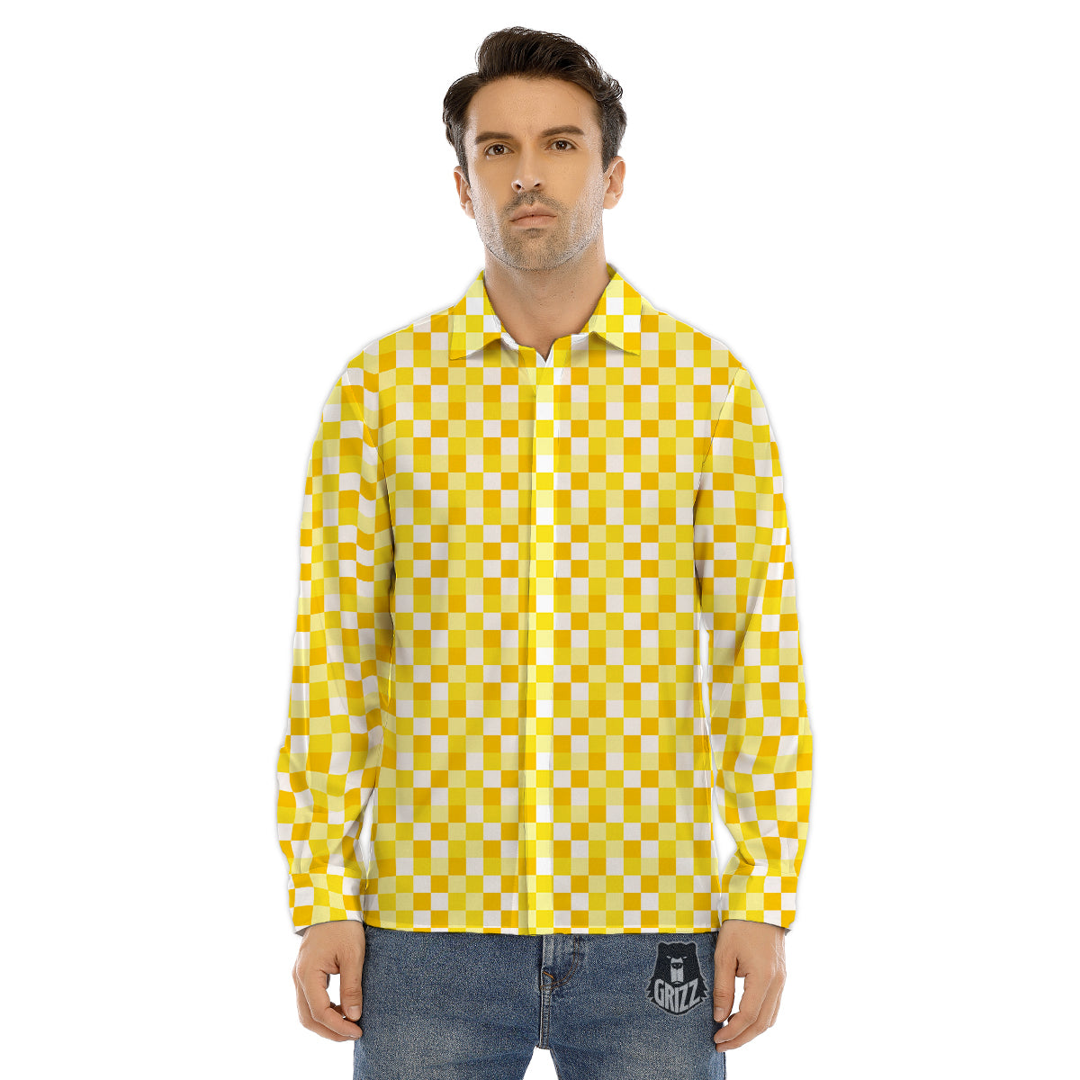 Checkered Yellow And White Print Pattern Men's Dress Shirts