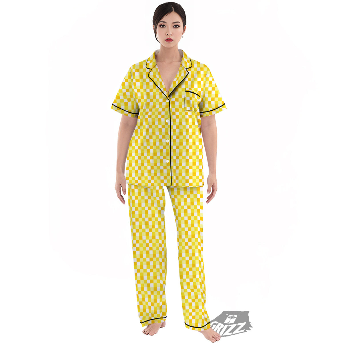 Checkered Yellow And White Print Pattern Women's Pajamas Set