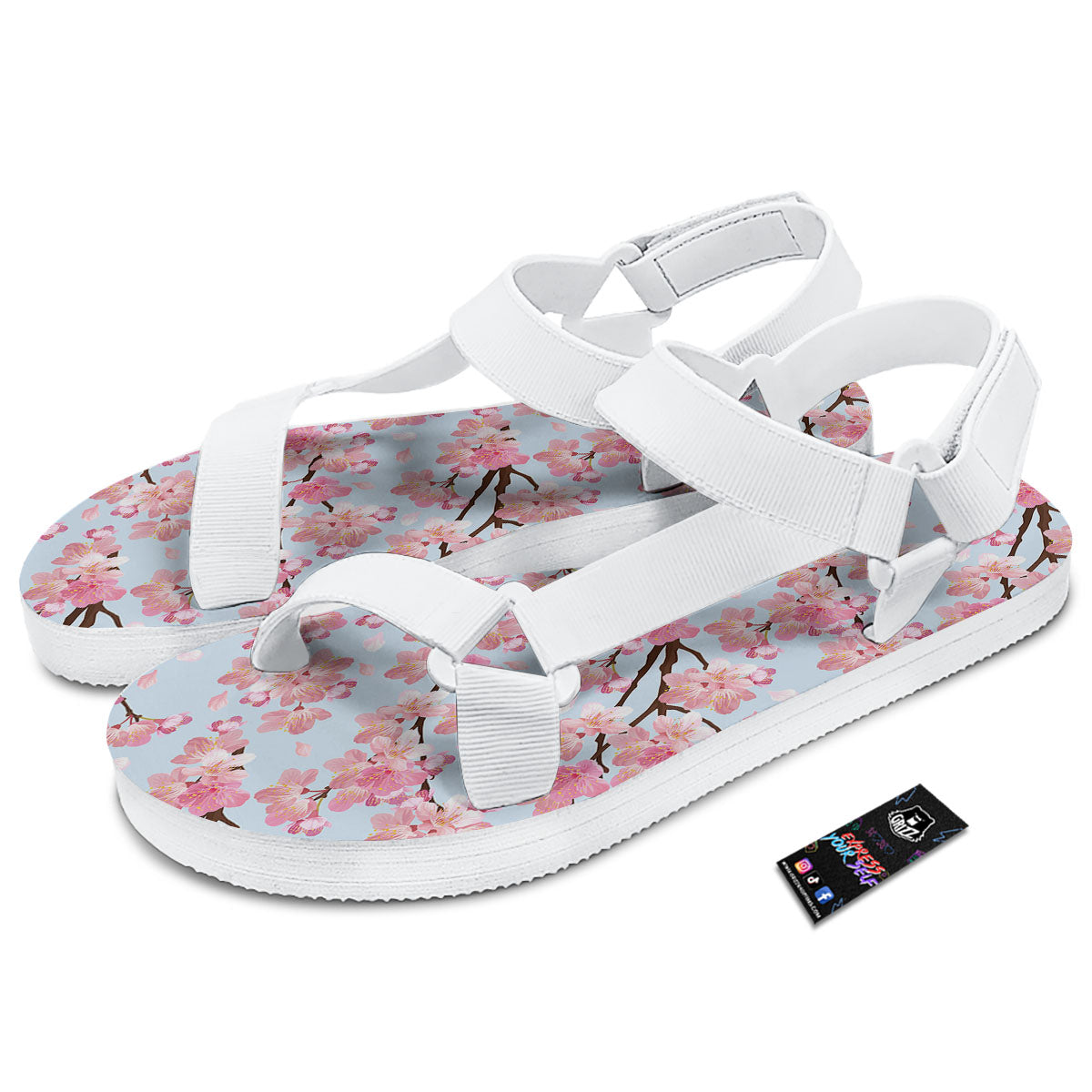Cherry Blossom Tree Japanese Print Pattern White Open Toe Sandals