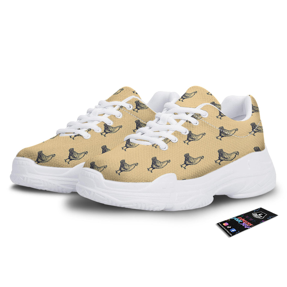 Chicken Hand Drawn Print Pattern White Chunky Shoes