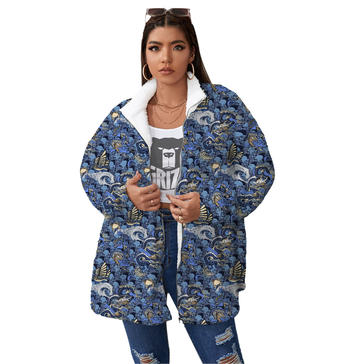 Chinese Dragon Sea Print Pattern Women's Sherpa Jacket