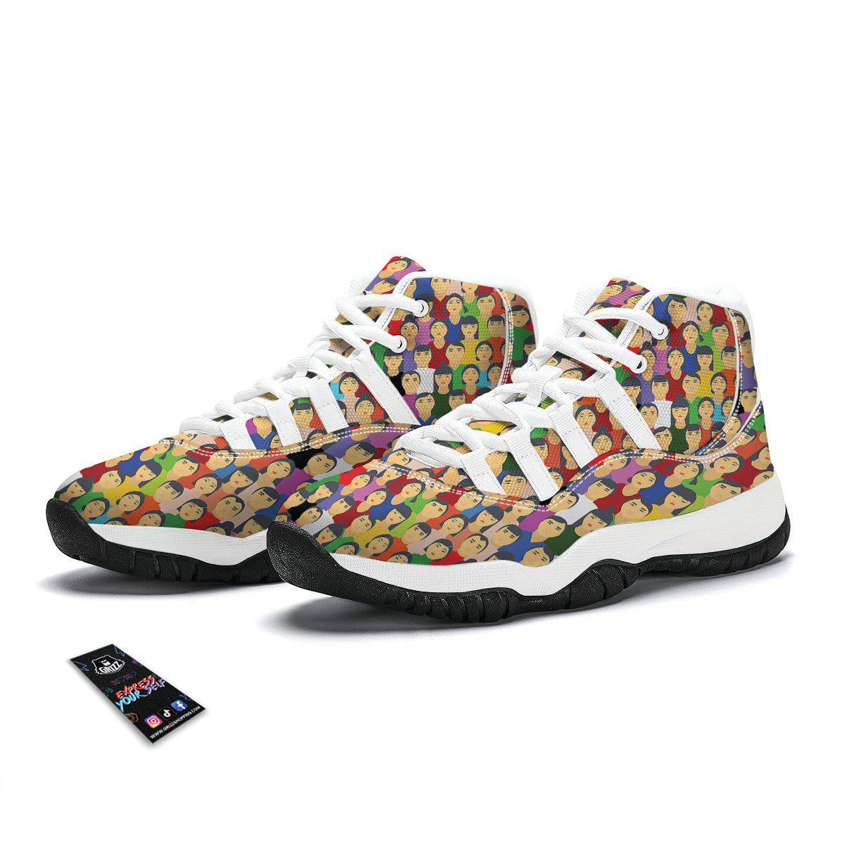 Chinese People Colorful Print Pattern White Bball Shoes