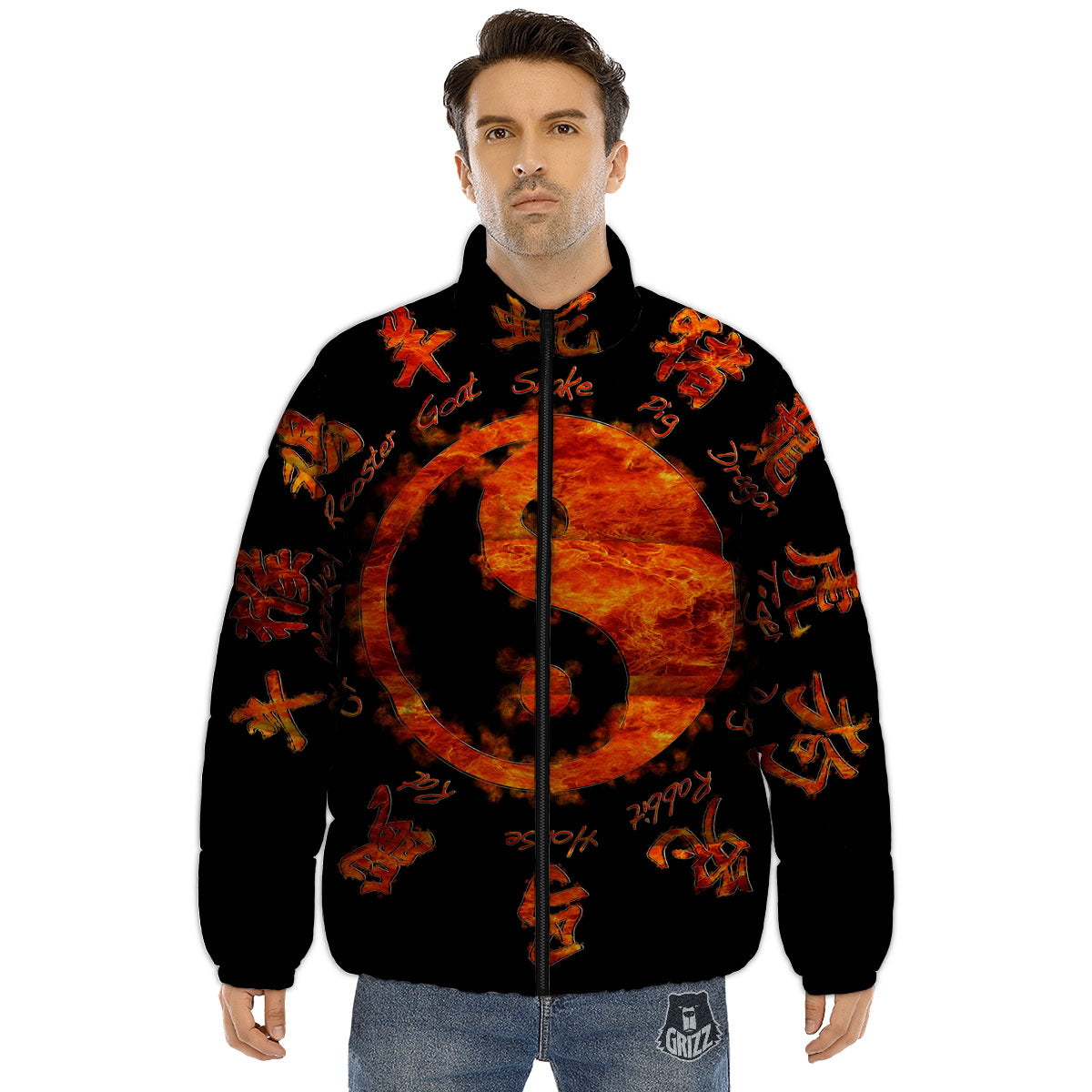 Chinese Zodiac Fire Yin Yang Print Puffer Jacket