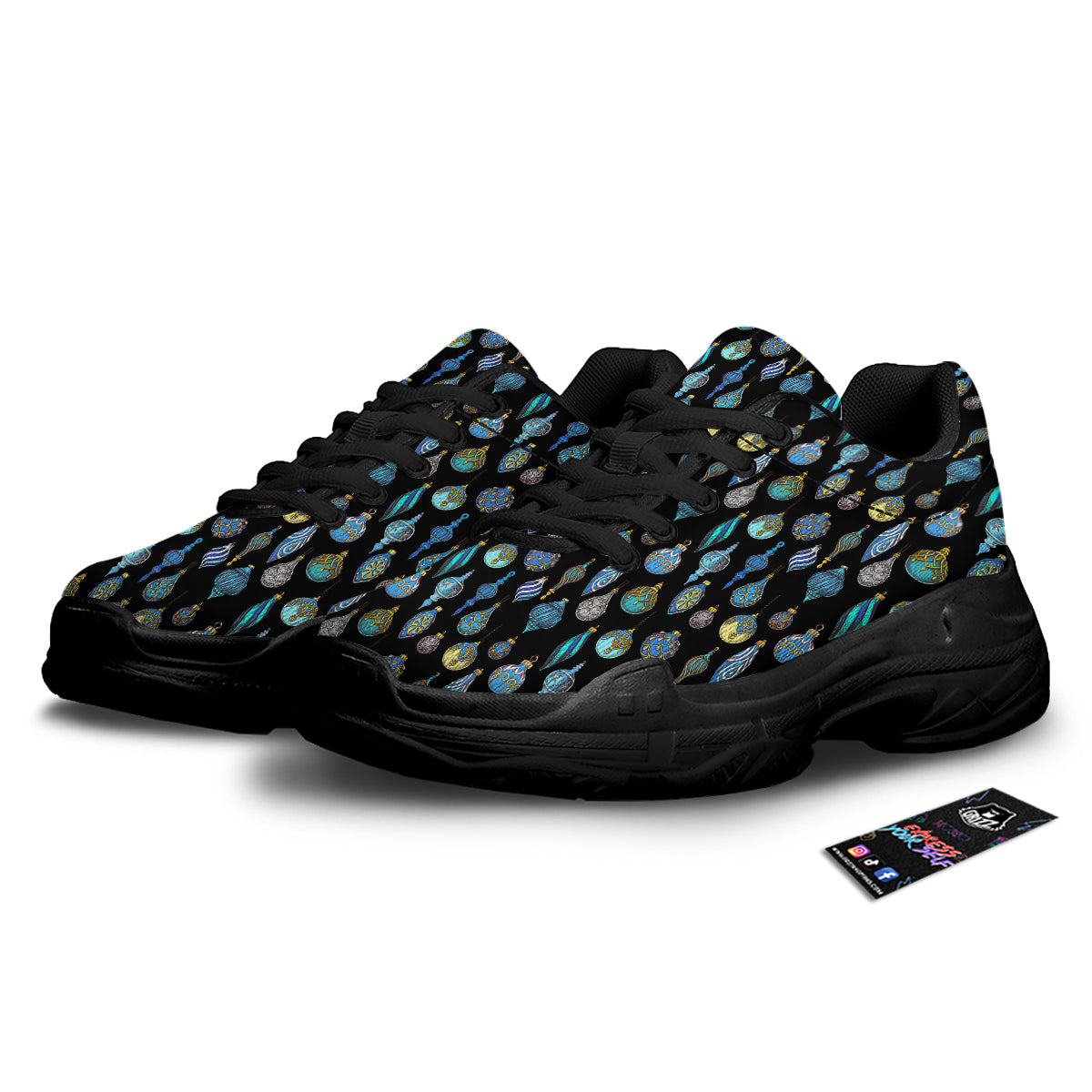 Christmas Decorations Drawing Print Pattern Black Chunky Shoes