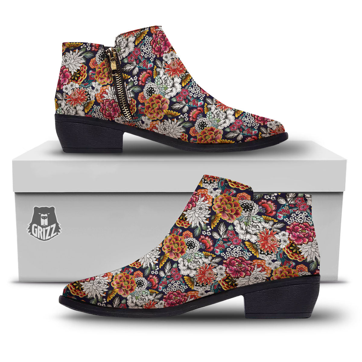 Chrysanthemum Japanese Print Pattern Ankle Boots