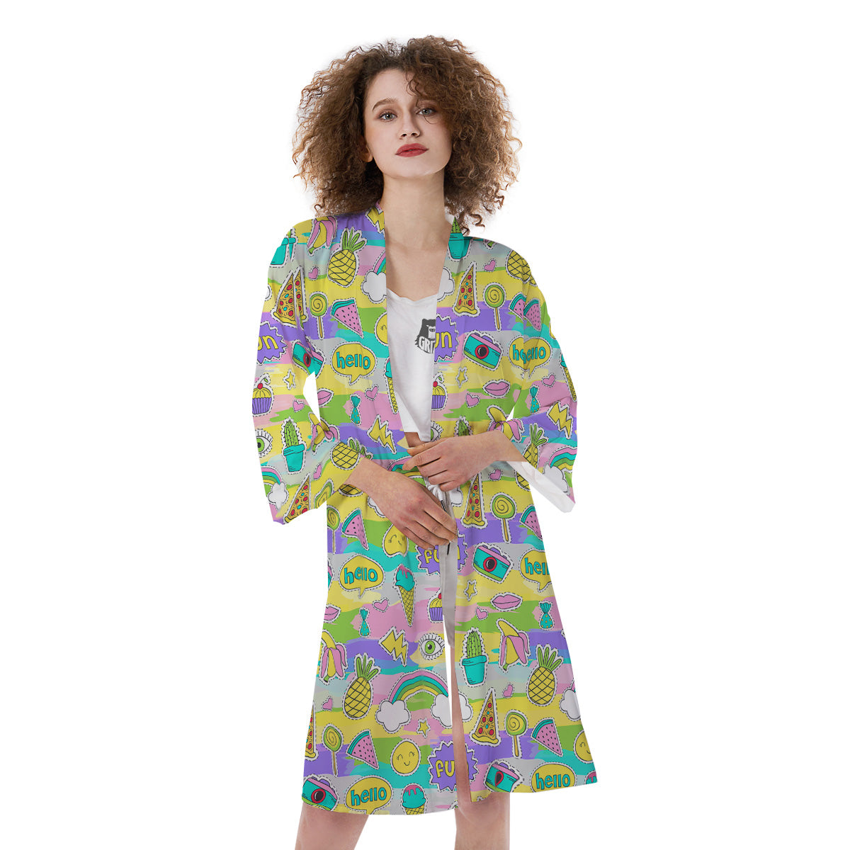 Colorful And Cute Stickers Print Pattern Kimono