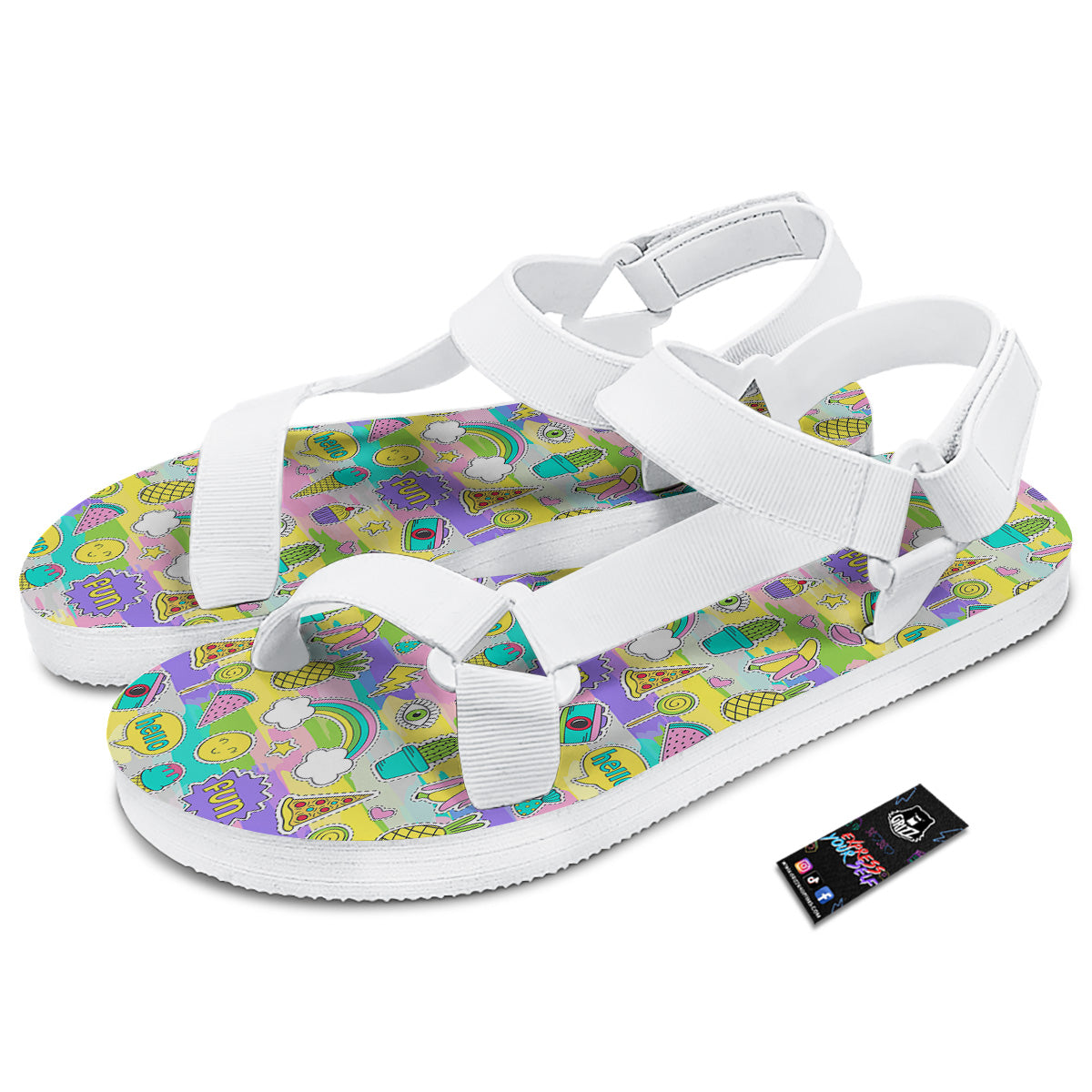 Colorful And Cute Stickers Print Pattern White Open Toe Sandals