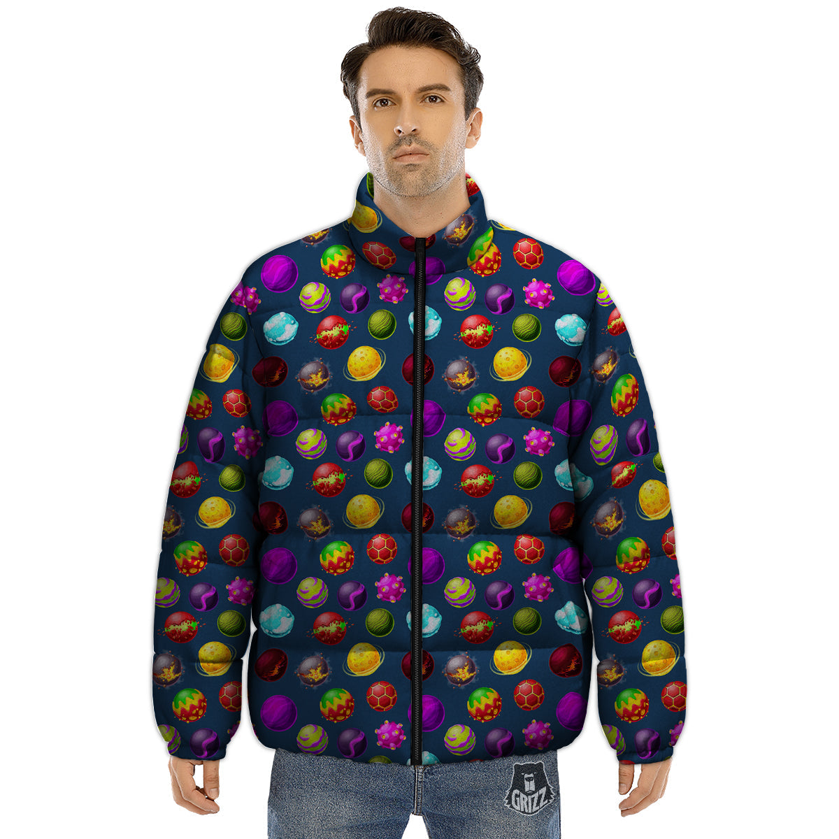Colorful Galaxy Planets And Space Stars Print Pattern Puffer Jacket
