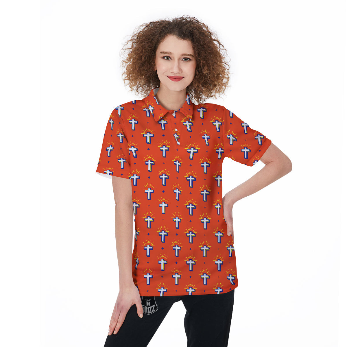 Cross Of Jesus Christ Orange Print Pattern Women's Golf Shirts ...