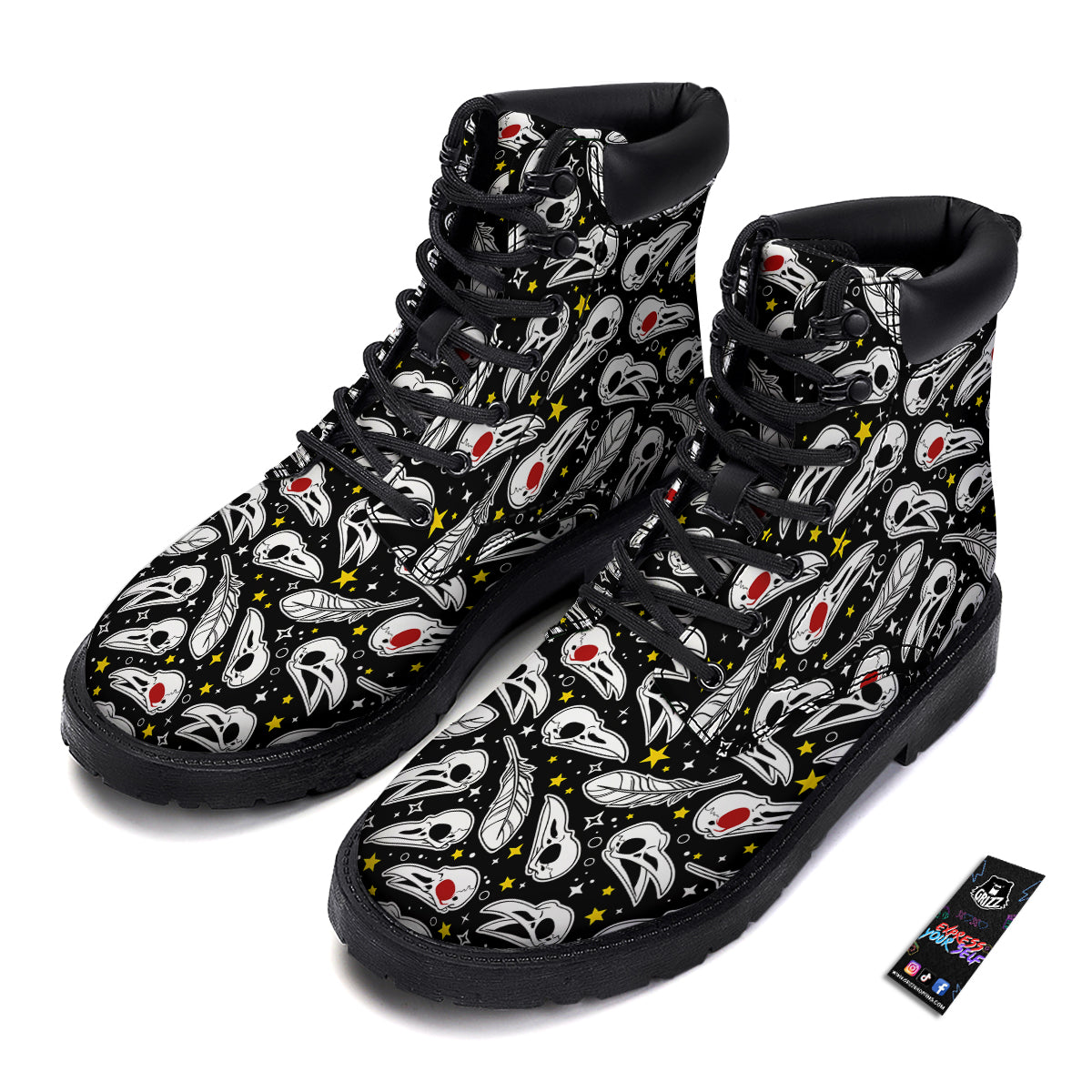 Crow Skull And Feathers Print Pattern Boots