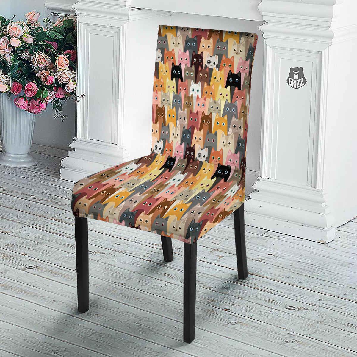 Cute Cats Cartoon Colorful Print Pattern Dining Chair Slipcover