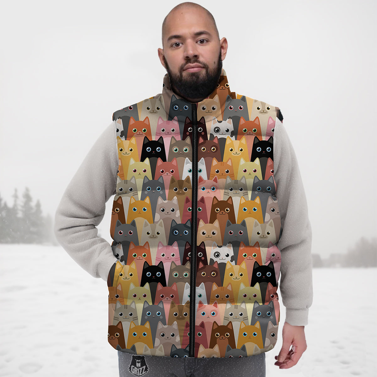 Cute Cats Cartoon Colorful Print Pattern Down Vest
