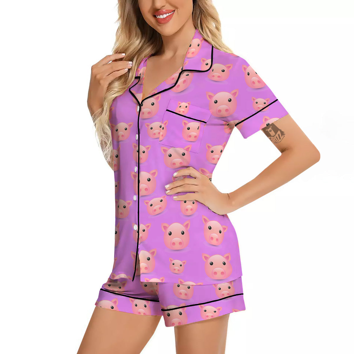 Cute Pink Pig Face Emoji Print Pattern Women Silk Pajamas