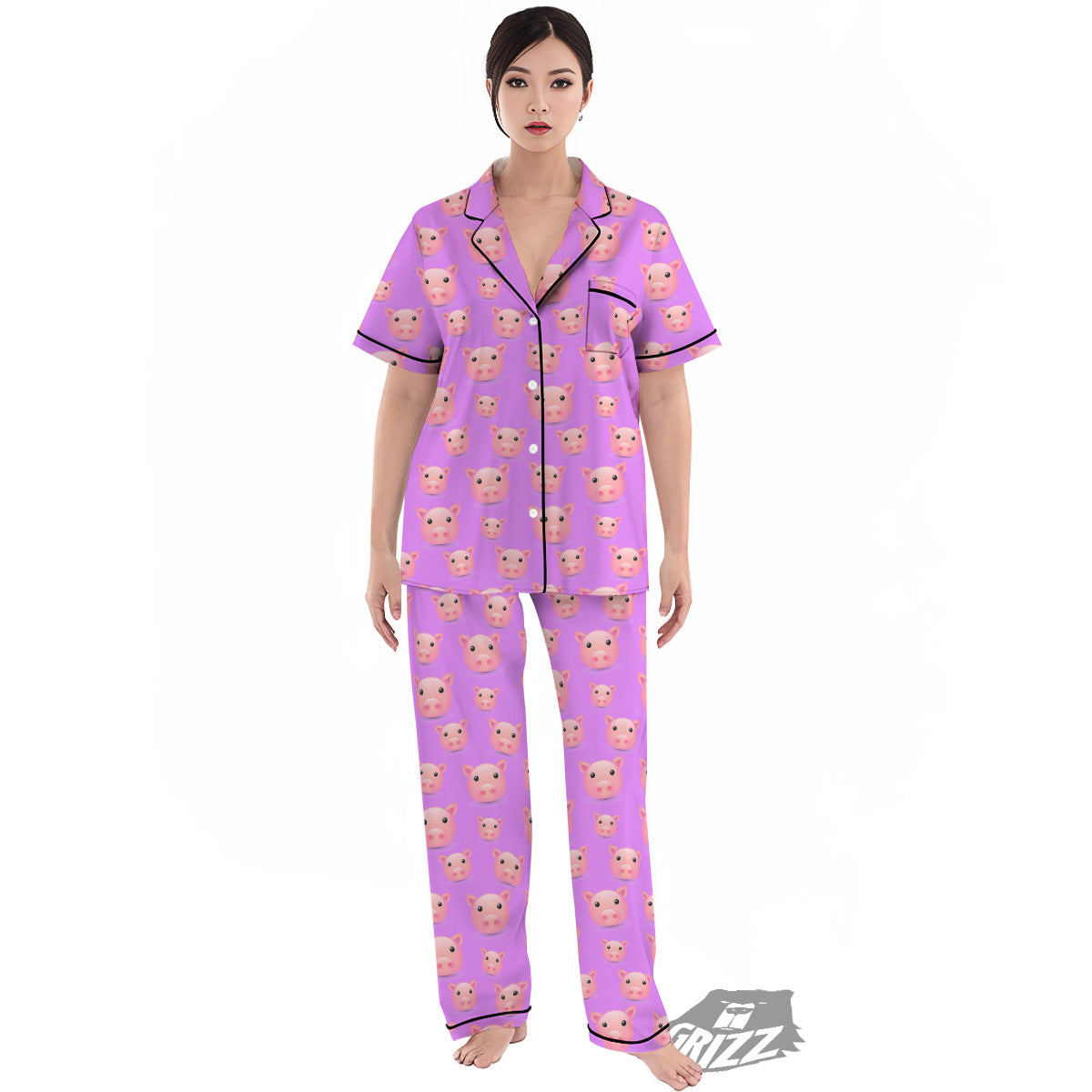 Cute Pink Pig Face Emoji Print Pattern Women's Pajamas Set