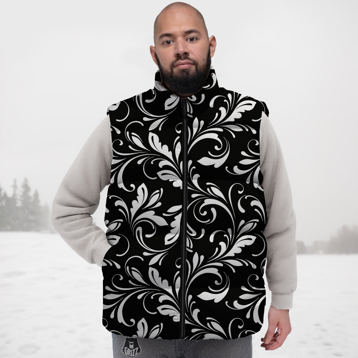 Damask White And Black Print Pattern Down Vest