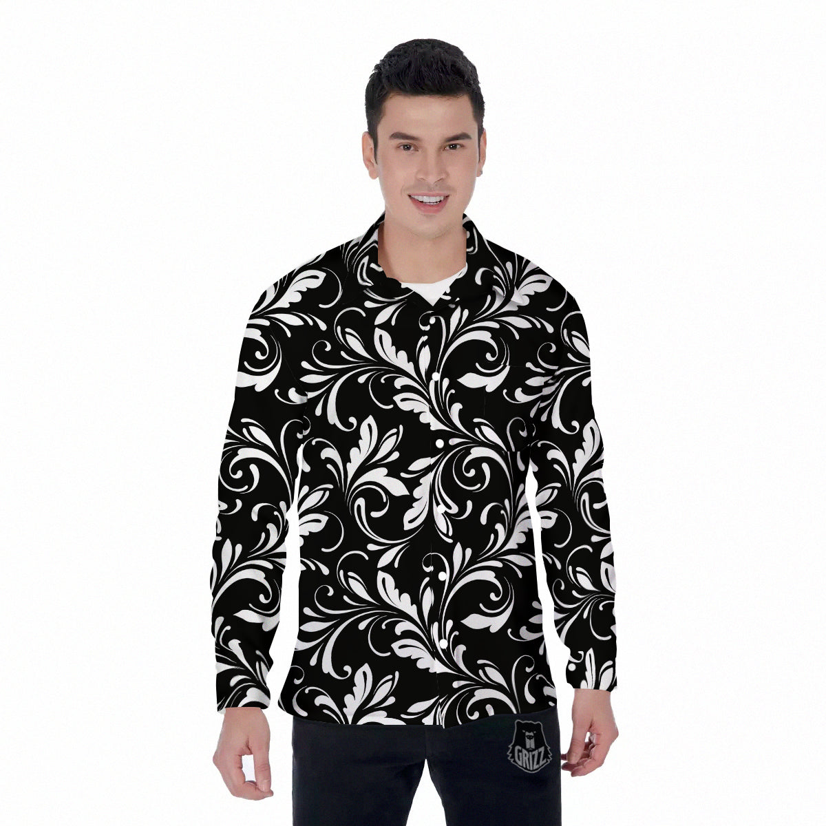 Damask White And Black Print Pattern Men's Long Sleeve Shirts