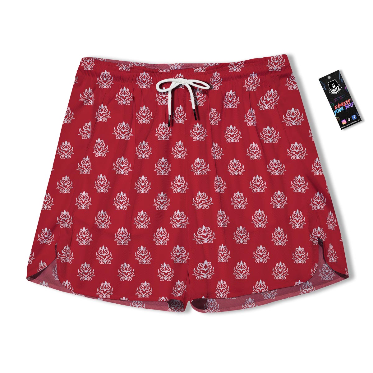 Damask White And Red Print Pattern Men's Running Shorts