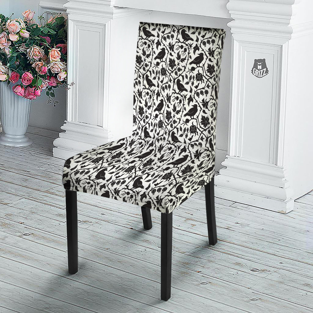 Dark Floral And Crow Print Pattern Dining Chair Slipcover – Grizzshopping