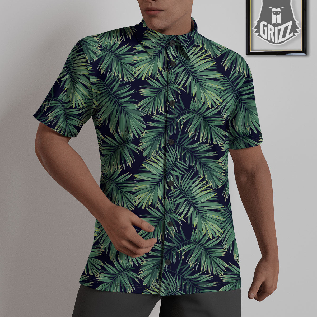 Dark Green Palm Tree Print Pattern Untucked Shirts
