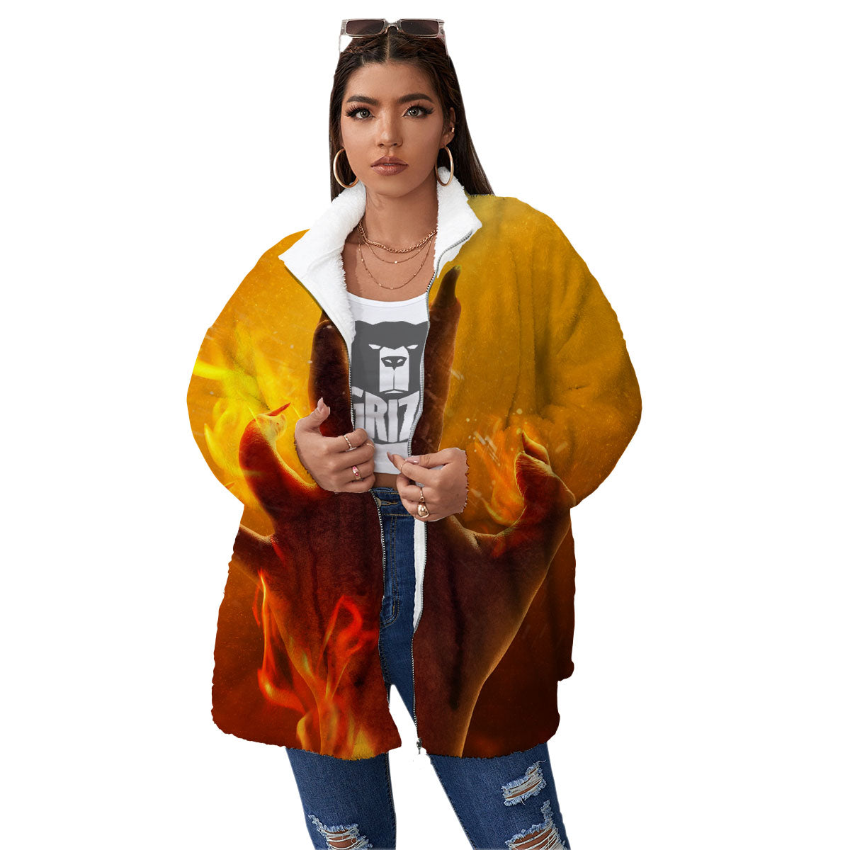 Devil Hand Print Women's Sherpa Jacket