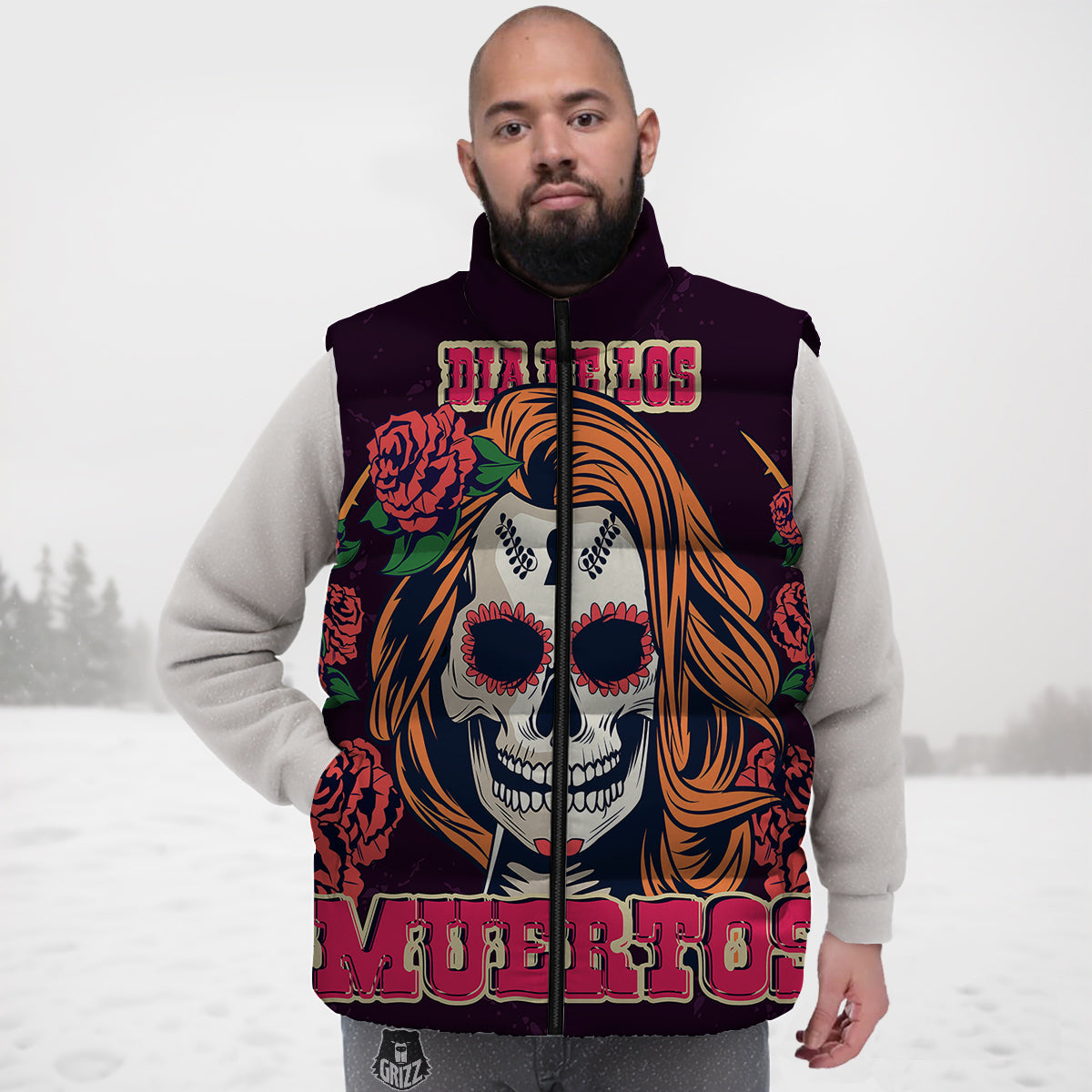 Dia De Los Muertos Calavera Girl Print Down Vest