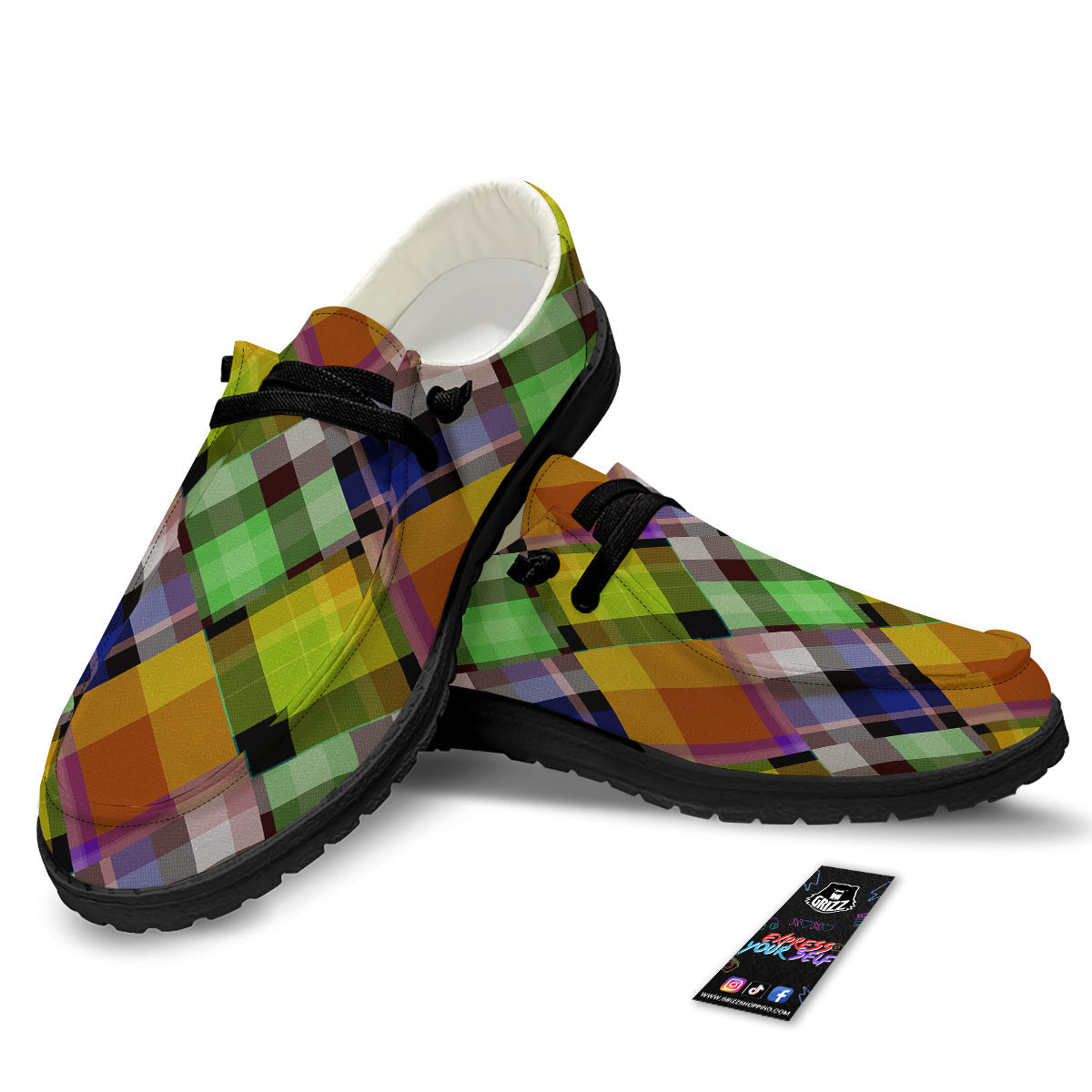 Diagonal Madras Plaid Print Pattern Black Loafers