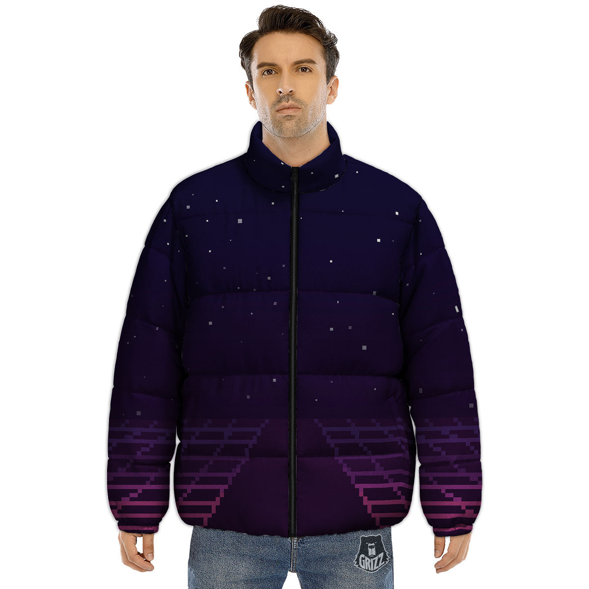 Digital Landscape 8-Bit Pixel Print Puffer Jacket