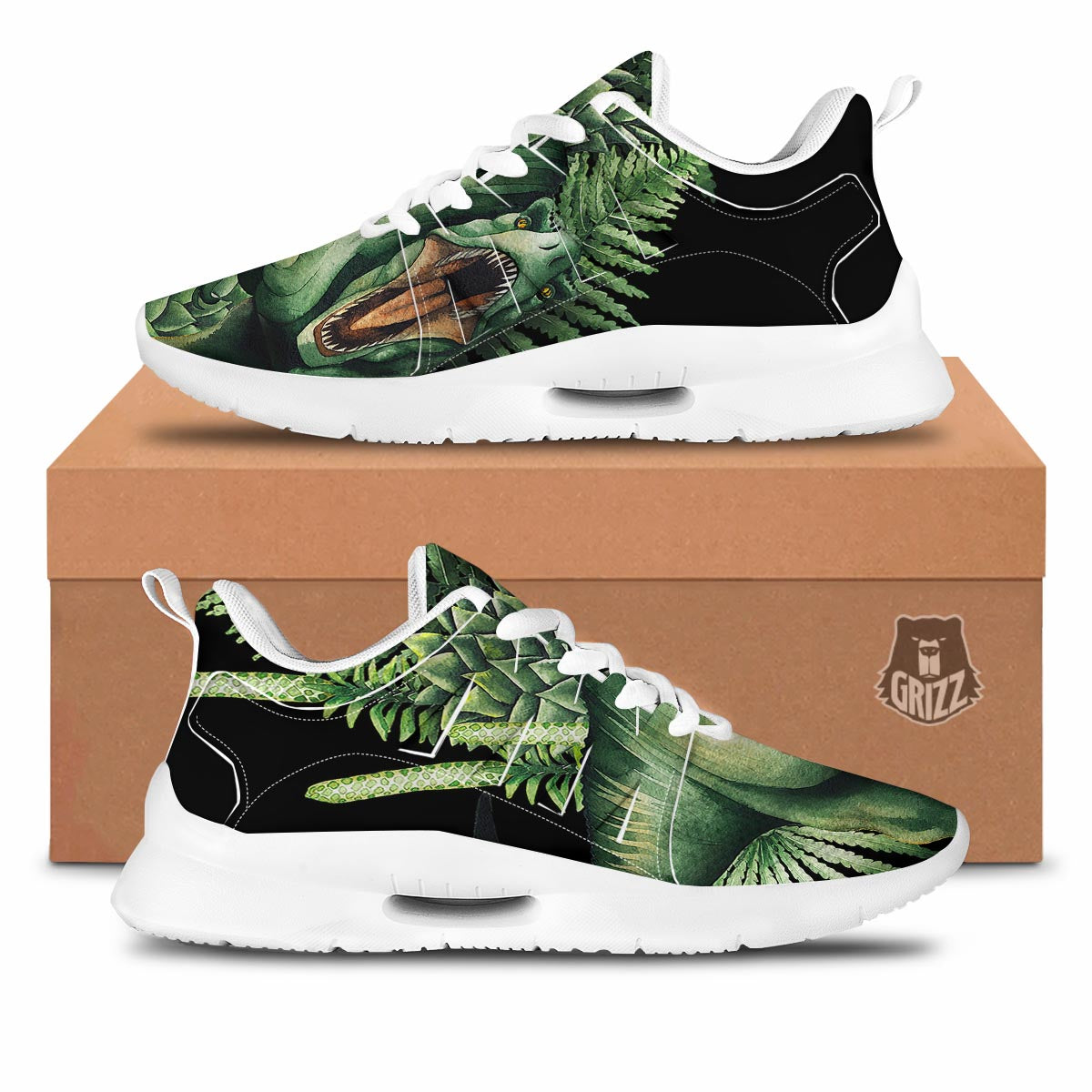 Dinosaur T Rex And Jurassic Plants Print Tennis Shoes