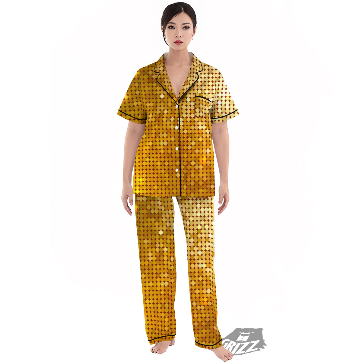 Disco Shiny Golden Texture Print Women's Pajamas Set